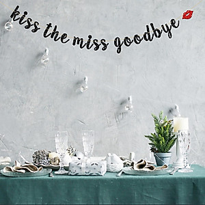 INNORU Kiss the Miss Goodbye Banner - Engagement Party Decor - Miss to Mrs Party Decorations Supplies, Bridal Shower Party Bunting Decorations, Black Glitter