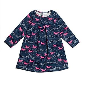 Winter Water Factory Long Sleeve Organic Aspen Baby Girls Dress, Navy & Pink, Wild Horses, 6 Months