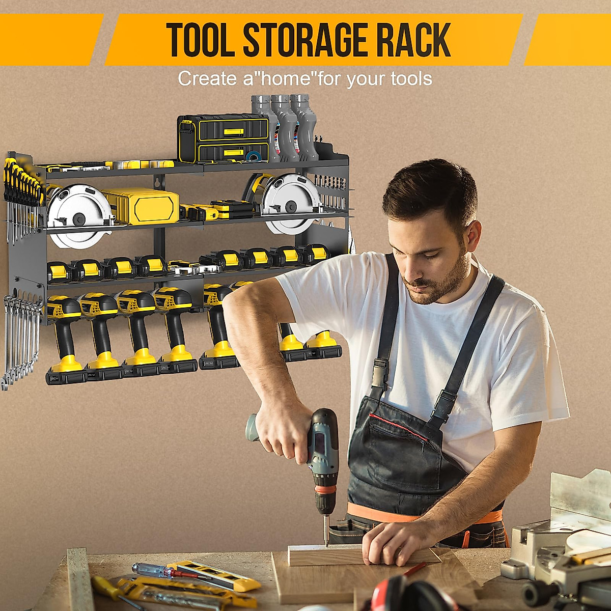 Power Tool Organizer, Drill Holder Wall Mount, Storage Rack for Cordless Drill, Heavy Tool shelf with Screwdriver Holder/Pliers Holder/Hammer