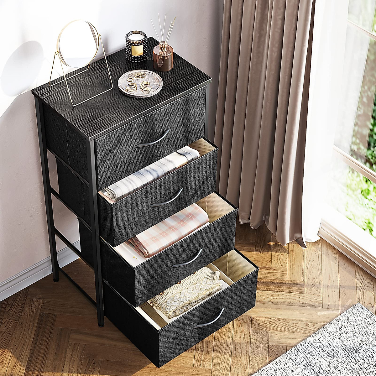 ODK L Shaped Gaming Desk with 4 Drawer Storage Cabinet Dresser, Black Carbon Fiber Computer Desk and Black Dresser