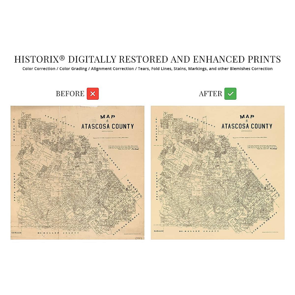 HISTORIX Vintage 1879 Atascosa County Texas Map - 16x16 Inch Vintage Map of Atascosa County Wall Art - Old Atascosa County Map Poster - History Map of Atascosa County TX Showing Land Ownership