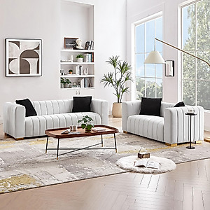 kevinplus 87.8'' Velvet Sectional Sofa Couch for Living Room, Modern Contemporary Chesterfield 3-Seat Sofa Couch for Apartment Bedroom Office, Strong Gold Metal Legs, 2 Pillows, White