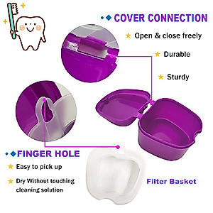 Denture Case Kit, 2 Denture Cup with 2 Denture Brush & 2 Portable Brush Box, Denture Bath Cup with Strainer & Lid for Travel, Storage Soak Container Retainer Cleaner (Blue & Purple)