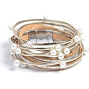 Artilady Leather Wrap Bracelet for Women - Handmade Clasp Bangle Bracelet with Pearl Beads Crystal Wristbands Jewelry Gift for Ladies and Mother