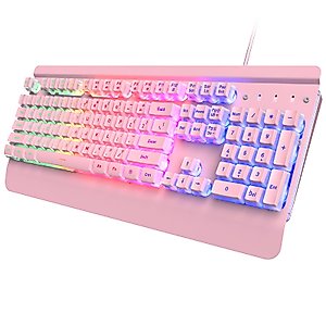 Pink Creamy Keyboard, 104 Keys All-Metal Panel, Rainbow LED Backlit Silent Gaming Keyboard, Wrist Rest, PBT Keycap, Anti-ghosting Keys, Light Up USB Wired Computer Keyboard for PC