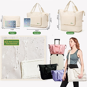 Foldable Travel Duffel Bag for Women, Water Resistant Personal Item/Carry Bag, Expandable Overnight Weekender Bag with Wet Compartment & Luggage Sleeve, Lighetweight Sport Tote Gym Bag (Beige)