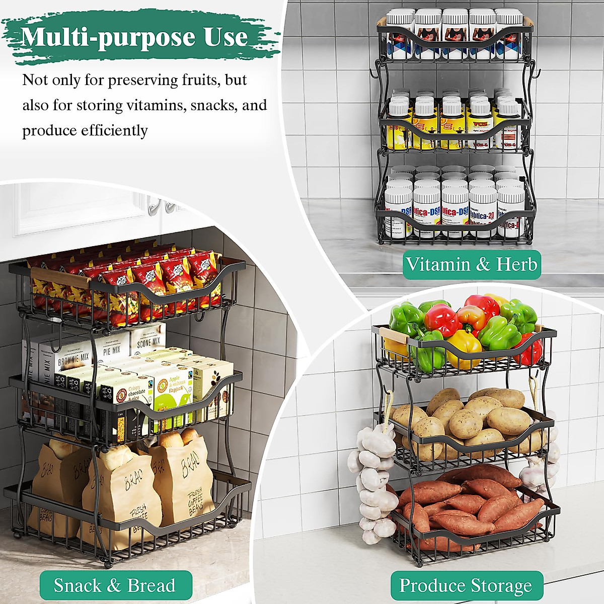 OKZEST 3-Tier Fruit Basket for Kitchen Counter with Banana Hangers, Wall Hanging Fruit Basket and Countertop Organizer Fruit Bowl, Fruit Storage Holder Stand for Potato Onion Snack Bread Fruit Veggie