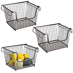 mDesign Stackable Metal Basket for Kitchen Storage - Large Wire Farmhouse Bin Basket w/Handles for Pantry - Stacking Wire Basket Organizer for Food, Drinks - Hyde Collection, 3 Pack, Bronze