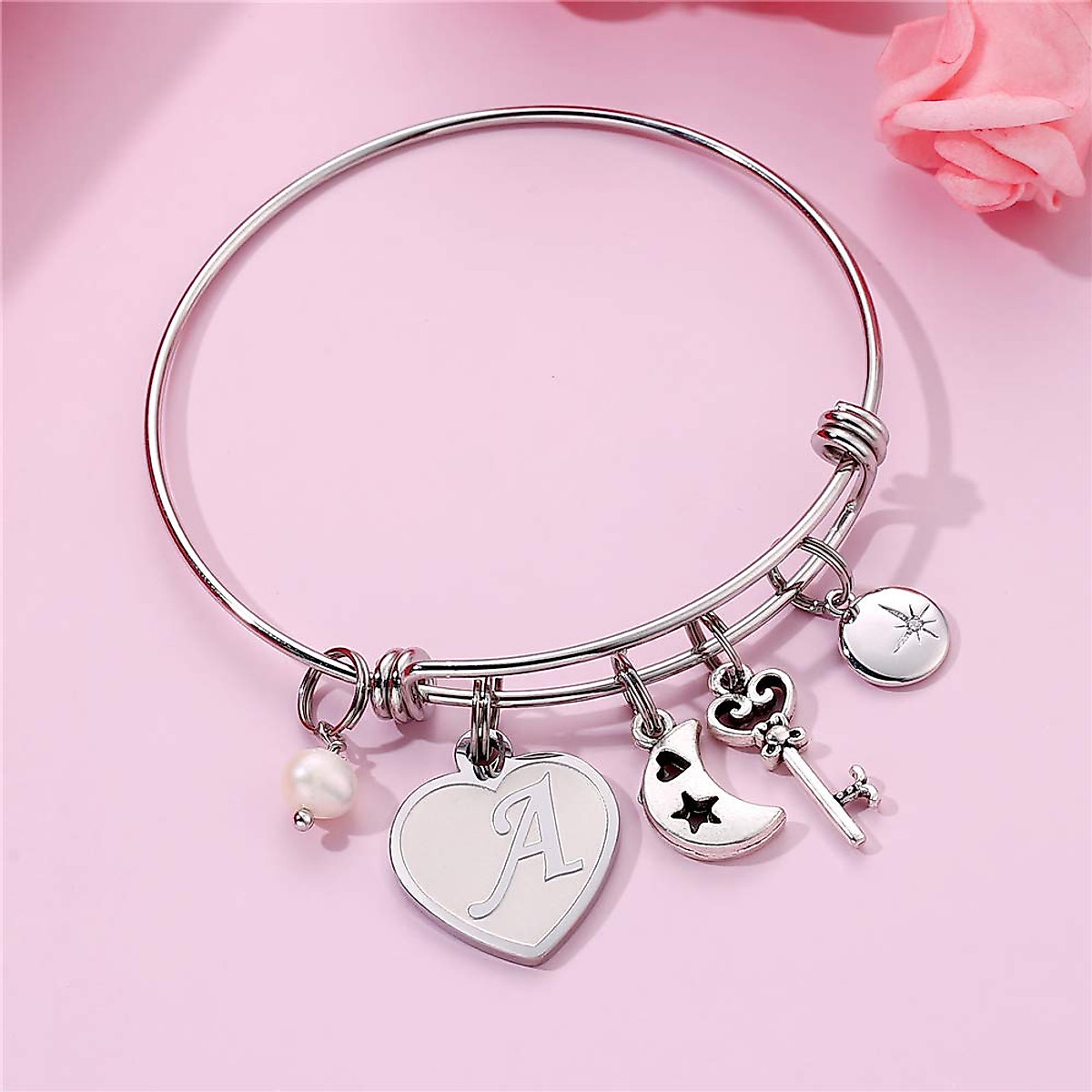 Heart Charm Bracelets For Women - Initial Charm Engraved Letter A Initial Bracelet Stainless Steel Expandable Charms Bangle Bracelets Birthday Jewelry Gifts for Women Teen Girls Bridesmaids Gifts
