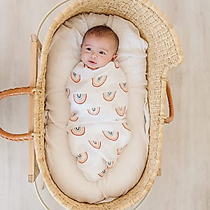 Organic Swaddle Blanket and Hat Set - Baby Receiving Blanket Neutral - Soft Organic Cotton and Bamboo Muslin Swaddle Blanket, Boho Rainbow, Birth Announcement Card, 47" x 47"