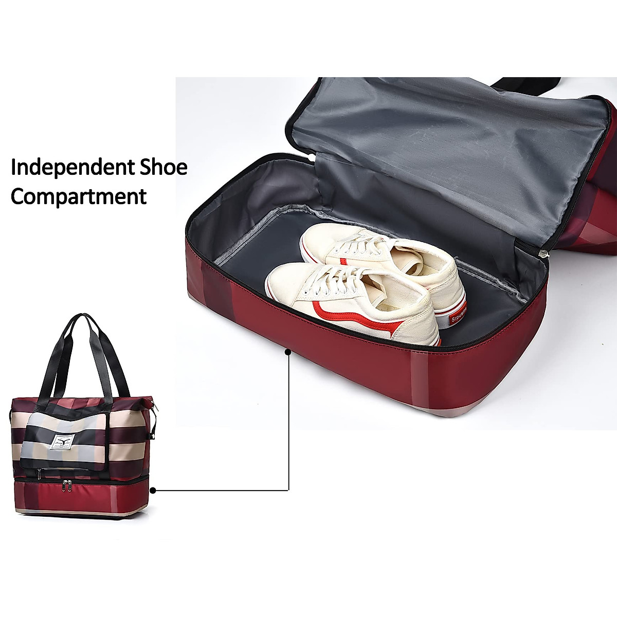 NWLR 2022 New Foldable Dry/Wet Separation Travel Duffel Bag with Shoe Compartment Large Capacity Folding Weekender Overnight Bag Lightweight Waterproof Gym Tote Bag (B-Red)