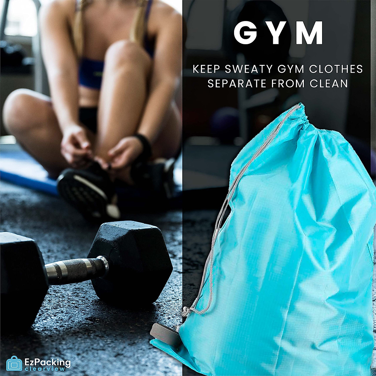 EzPacking Travel Laundry Bag with Drawstring/Foldable Compact Lightweight Small Travel Size for Suitcase / (22” X 16”) / Clean Dirty Clothes Wash Bag/Nylon Blue/Washable/For Women Men Kids Baby