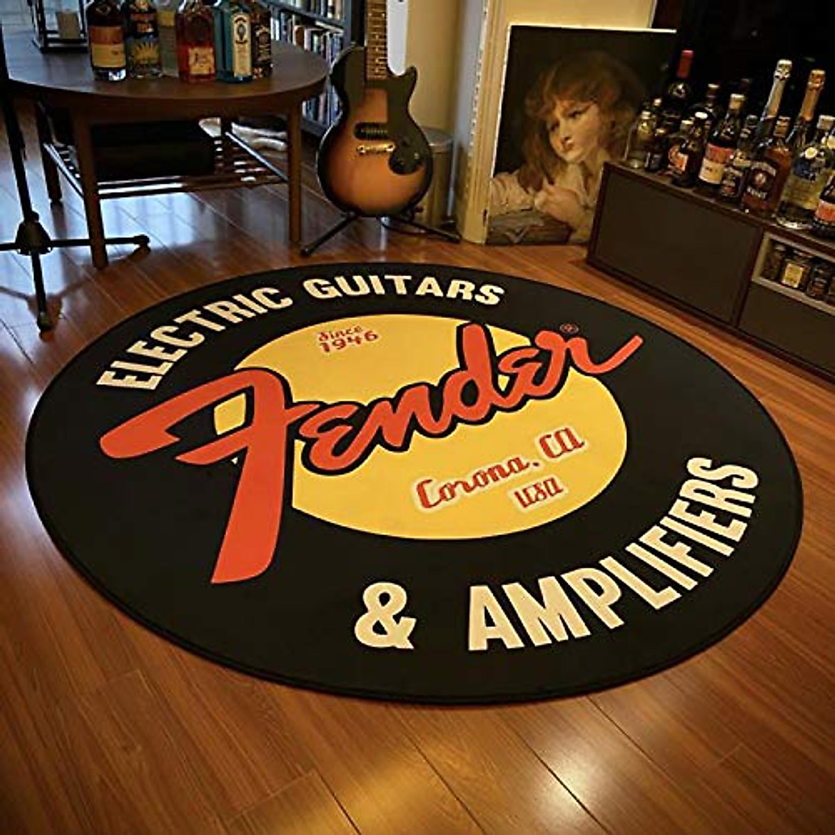 Area Rugs Fender Guitar Round Carpet Rock Floor Mats Flannel Printed Area Rug Sound Insulation Pad for Music Room Bedroom Home Decorative
