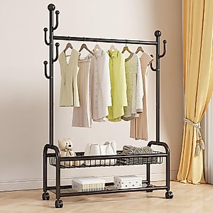 GAMNOF Black Clothes Rack with Wheels, Black Clothing Rack for Hanging Clothes, Black Garment Rack with Storage Shelf, Freestanding Rolling Clothes Rack