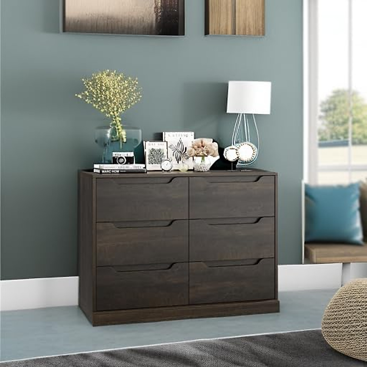 HOSTACK Modern 6 Drawer Dresser for Bedroom, Double Chest of Drawers with Storage, Large Wooden Storage Dresser Organizer with Cut-Out Handle, Accent Storage Cabinet for Living Room, Dark Brown