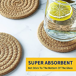 Coasters for Drinks, Absorbent Coasters for Coffee Table, Wooden Table, Farmhouse Coaster Set, Handmade Braided Coasters for Tabletop Protection (Brown, 6)