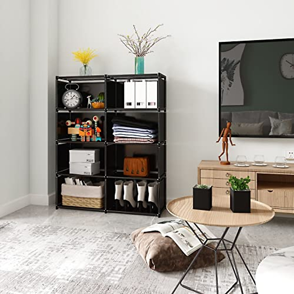 JIUYOTREE 5-Tiers Portable Bookshelf with Fabric Cloth at Back, 8 Cube Closet Storage Organizer Bookcase, Living Room,Study Room,Bedroom, Black