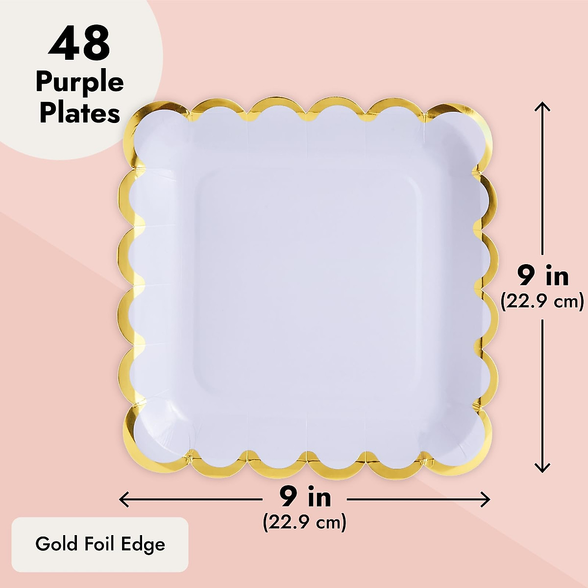 Sparkle and Bash 48 Pack Pastel Purple Paper Plates for Birthday Party Supplies, Scalloped Gold Border, 9 Inches