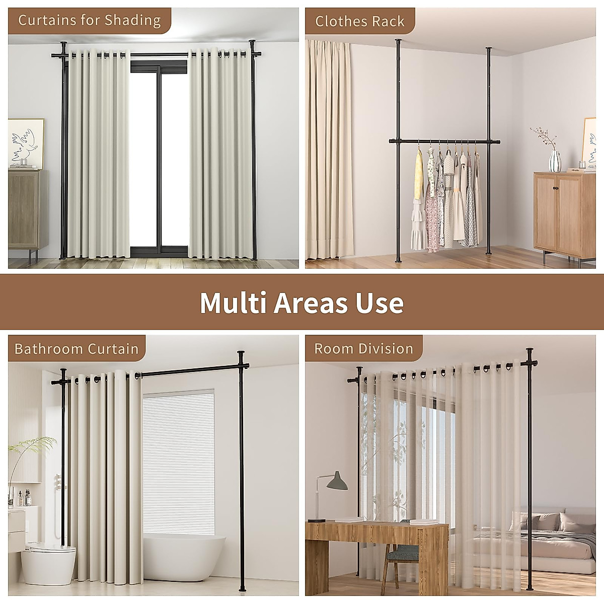 Getsrichfc Room Divider, No Drilling Curtain Rod, Adjustable Heavy Duty Metal Tension Partition Room Dividers, Wall Divider for Room Separation