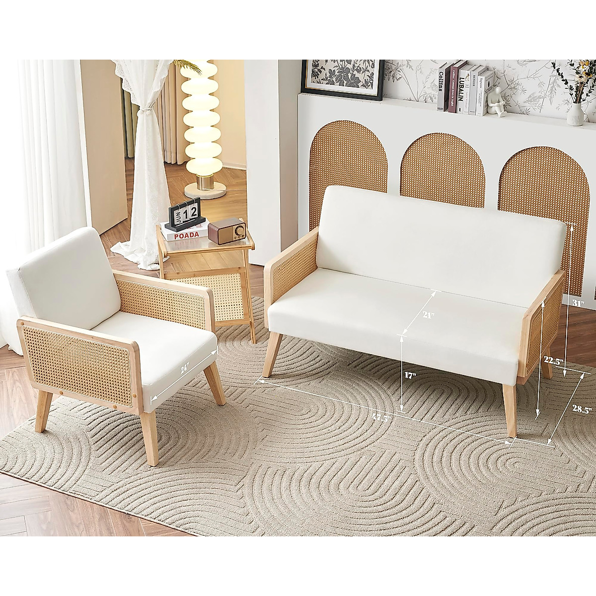 AMERLIFE Rattan Sofa, 2 Piece Sofa Couch Set- Sofa Chair for Living Room with Rattan Armrest, Loveseat Sofa Set, Velvet White Armchair