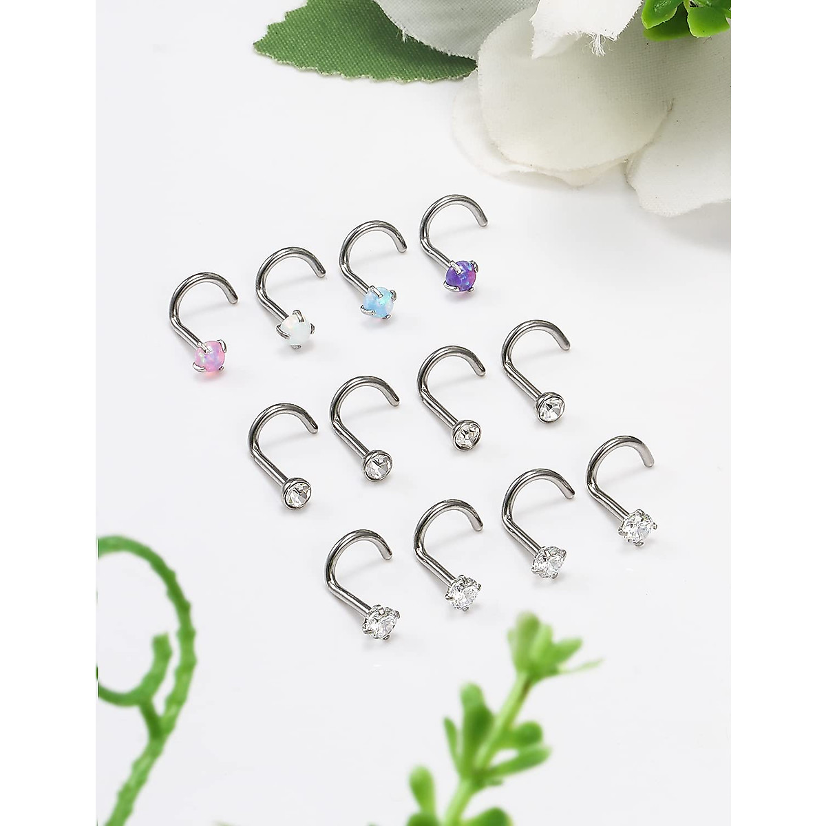 Cisyozi 22G Nose Rings Stud Piercing Jewelry Women Stainless Surgical Steel Nose Stud Silver Screw Twist Spiral Corkscrew Nose Nostril Ring Stud Hook Set Piercing Jewelry Women Men 1.5mm Diamond Opal