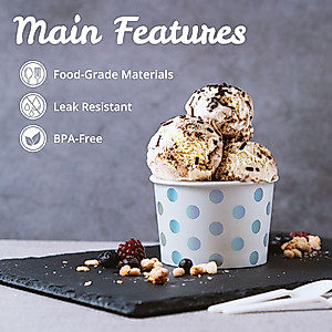 MATICAN Paper Ice Cream Cups - 50-Count 9-Oz Disposable Dessert Bowls for Hot or Cold Food, 9-Ounce Party Supplies Treat Cups for Sundae, Frozen Yogurt, Soup, Silver Foil Polka Dots