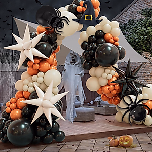 Halloween Balloon Garland Arch Kit with Spider Witch Hat Shaped Black and Milk White Exploding Star Foil Balloon Black Orange Sand White Balloons for Halloween Birthday Party Decorations