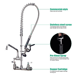 CWM Commercial Sink Faucet with Sprayer 36 inch Commercial Faucet Pre Rinse Sprayer 8 inch Wall Mount Center with 12 inch Add on Spout