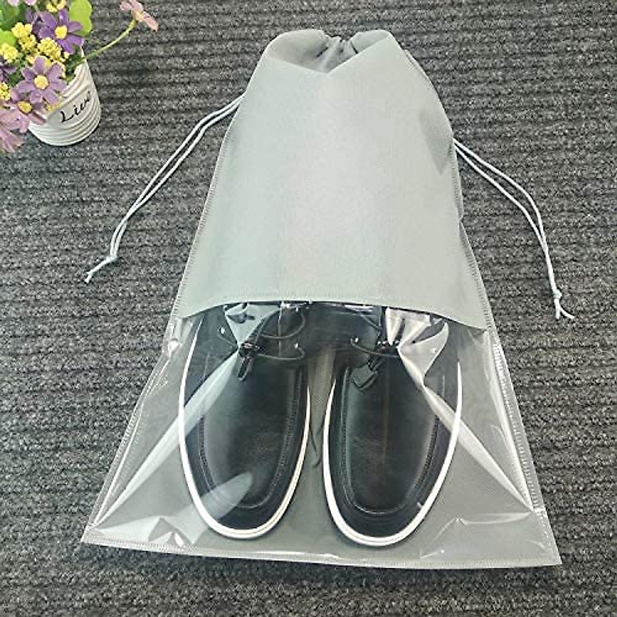 Medsuo 3pcs Breathable Large Non-Woven Drawstring Travel Shoe Bag with Transparent Slot for Men and Women for Boots High Heel Shoes and Sandals (Light Grey)