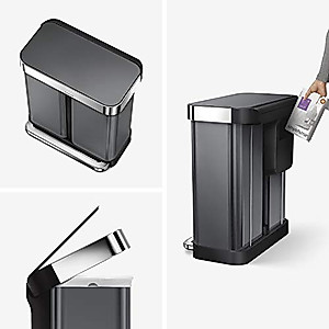 simplehuman 58 Liter / 15.3 Gallon Rectangular Hands-Free Dual Compartment Recycling Kitchen Step Trash Can, Black Stainless Steel