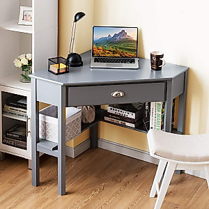 LDAILY Small Corner Desk, Triangle Makeup Vanity Desk for Small Space, Compact Writing Desk with Storage Shelves & Drawer, Space Saving Corner Computer Desk for Bedroom, Home Office
