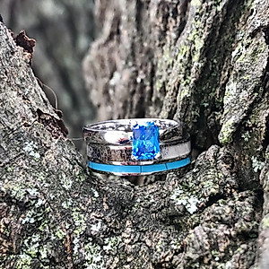 Kingsway Jewelry 2 pc Natural Deer Antler Ring with Turquoise Inlay Cubic Zirconia Engagement ring - Womens Wedding Ring Stainless Steel Sterling Silver Ring (9)