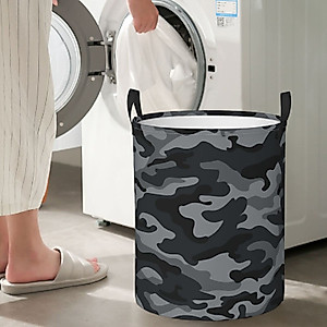 Gbuzozie 38l Round Laundry Hamper Army Camouflage Storage Basket Waterproof Coating Black And Grey Camo Organizer Bin For Nursery Clothes Toys