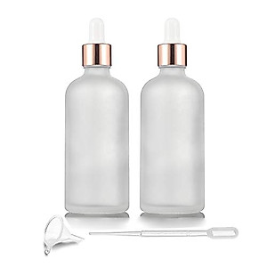 2 Pack 100ml/3.4 Oz,White Frosted Glass Dropper Bottle for Essential Oils,Empty Glass Liquid Holder With Pure Eye Dropper,Rose-Golden Caps Travel Perfume Cosmetic Container-Pipette&Funnel Included