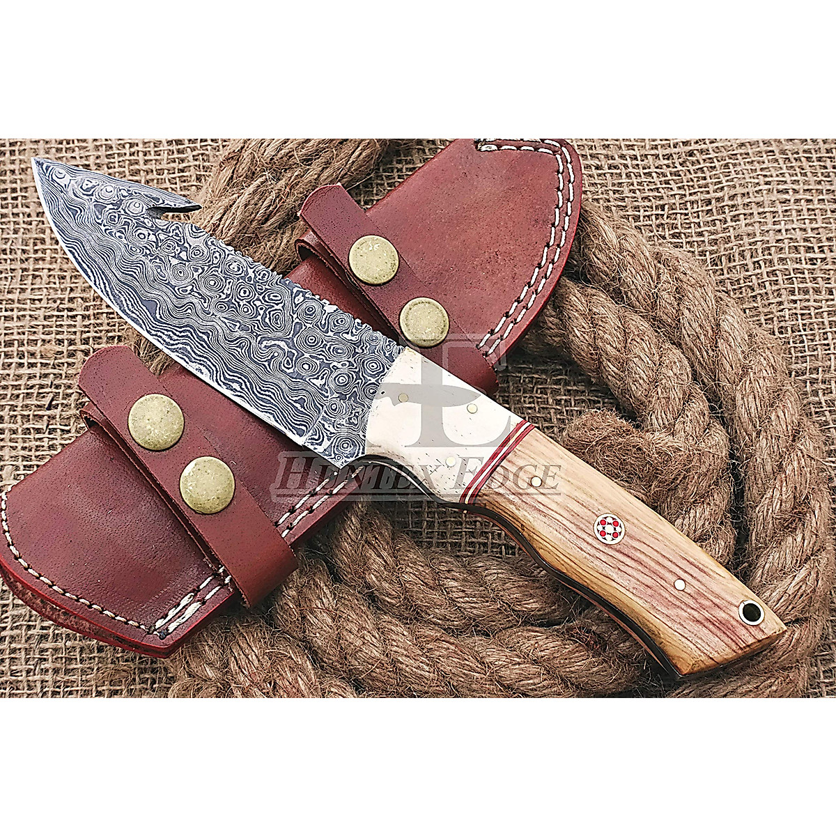 HUNTEX Handmade Hand-Forged Rain Drop Pattern Damascus Steel 9.5 Inch Long Full Tang Olive Wood Handle Razor Sharp Hunting Camping Gut Hook Knife w/Genuine Leather Pouch