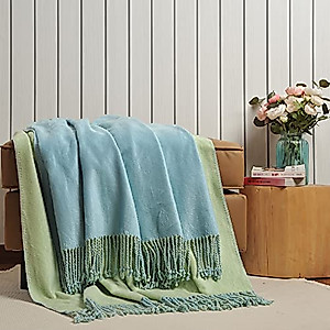EP Mode Reversible Fringed Mulberry Silk Throw Blanket for Sofa (Crystal Blue/Lime)