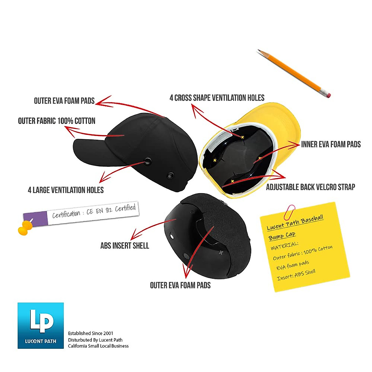 Lucent Path Black Baseball Safety Bump Cap - 100% Cotton, Impact-Resistant ABS Shell, Dual-Layer Padded Foam, Breathable, Adjustable Head Protection Hard Hat Cap