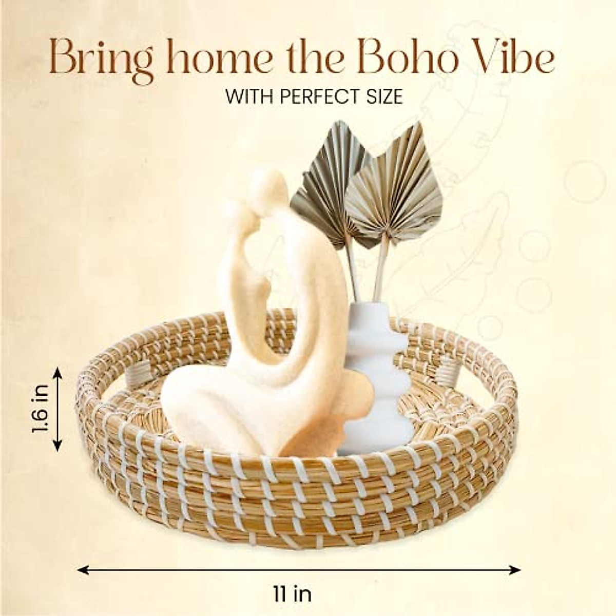 Flower Rattan Tray , Round Wicker Woven Basket Serving Trays Decorative (11in), Natural & White