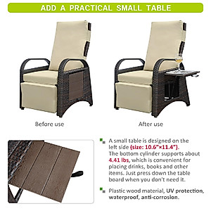 Skypatio Indoor/Outdoor Wicker Recliner Chair, Adjustable Backrest Patio Recliner Lounge Chair with Flip Side Table, Footrest and Soft Cushion(Khaki)