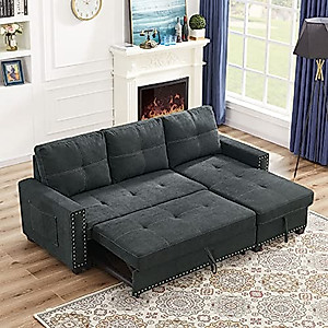 Evedy Upholstery Sleeper Sectional Sofa with Storage Chaise-Pull Out Couch Bed Reversible SofaBed for Living Room Furniture Set, Silver Rivets on Both Hands, a-Black