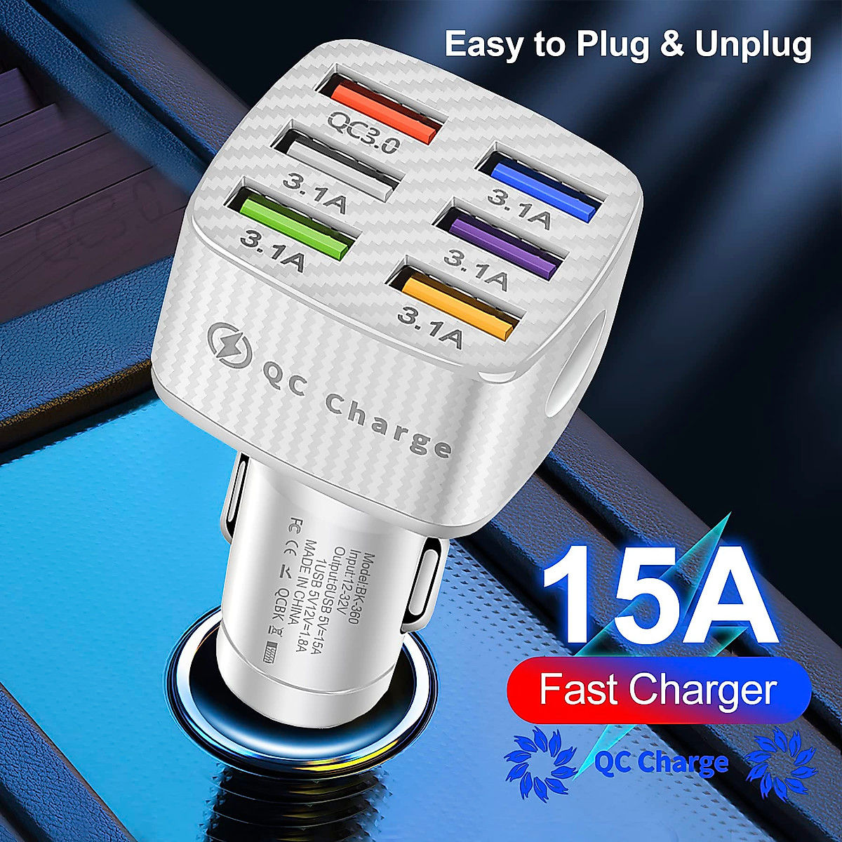 Amiss Car Charger Adapter, 6 USB Multi Port, Fast Charger, Include QC 3.0 and 5 Other Ports, Car Interior Accessories, Fit for iPhone 13/12/11/pro, Samsung Galaxy/Note S10/S9/S8 - White（2PCS）