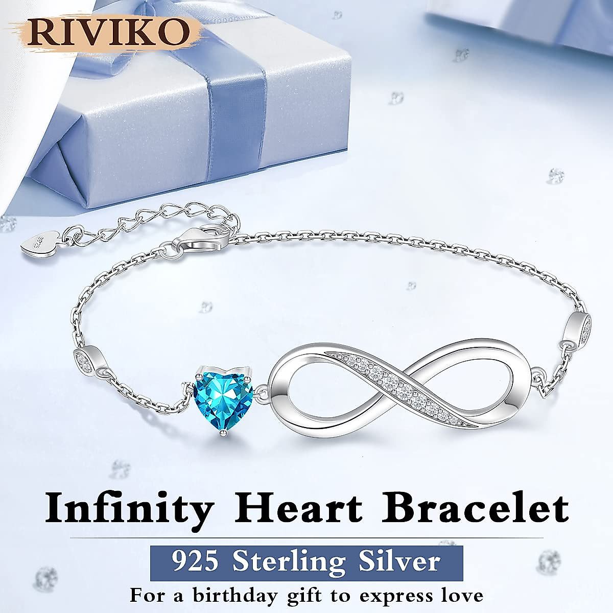 RIVIKO Infinity Love Heart Symbol Charm Bracelet for Women 925 Sterling Silver Adjustable Birthday Valentine’s Day Christmas Jewelry Gift for Mom Women Wife Her Friends