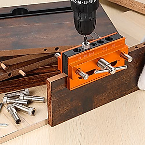 SLIIMU Self Centering Dowel Jig Kit, Inch Woodworking Center Doweling Drill Guide Jig for Straight Hole, Portable Drill Block for Wood Dowel Hole with 6 Drill Sleeve (Orange)