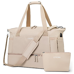 ETRONIK Gym Bag for Women, 55L Travel Duffel Bag with USB Charging Port, Weekender Overnight Bag with Wet Pocket and Shoes Compartment for Women Travel, Large Size (Khaki)