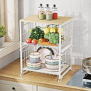 1Easylife Kitchen Counter Basket Wire Basket with Bamboo Top, 2 Tier Detachable Fruit Basket Metal Mesh Bin for Kitchen Organization and Storage, Spice Rack Organizer (White)