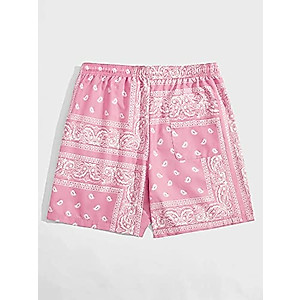 SOLY HUX Men's Cartoon Print Elastic High Waisted Casual Summer Shorts Pink and White M