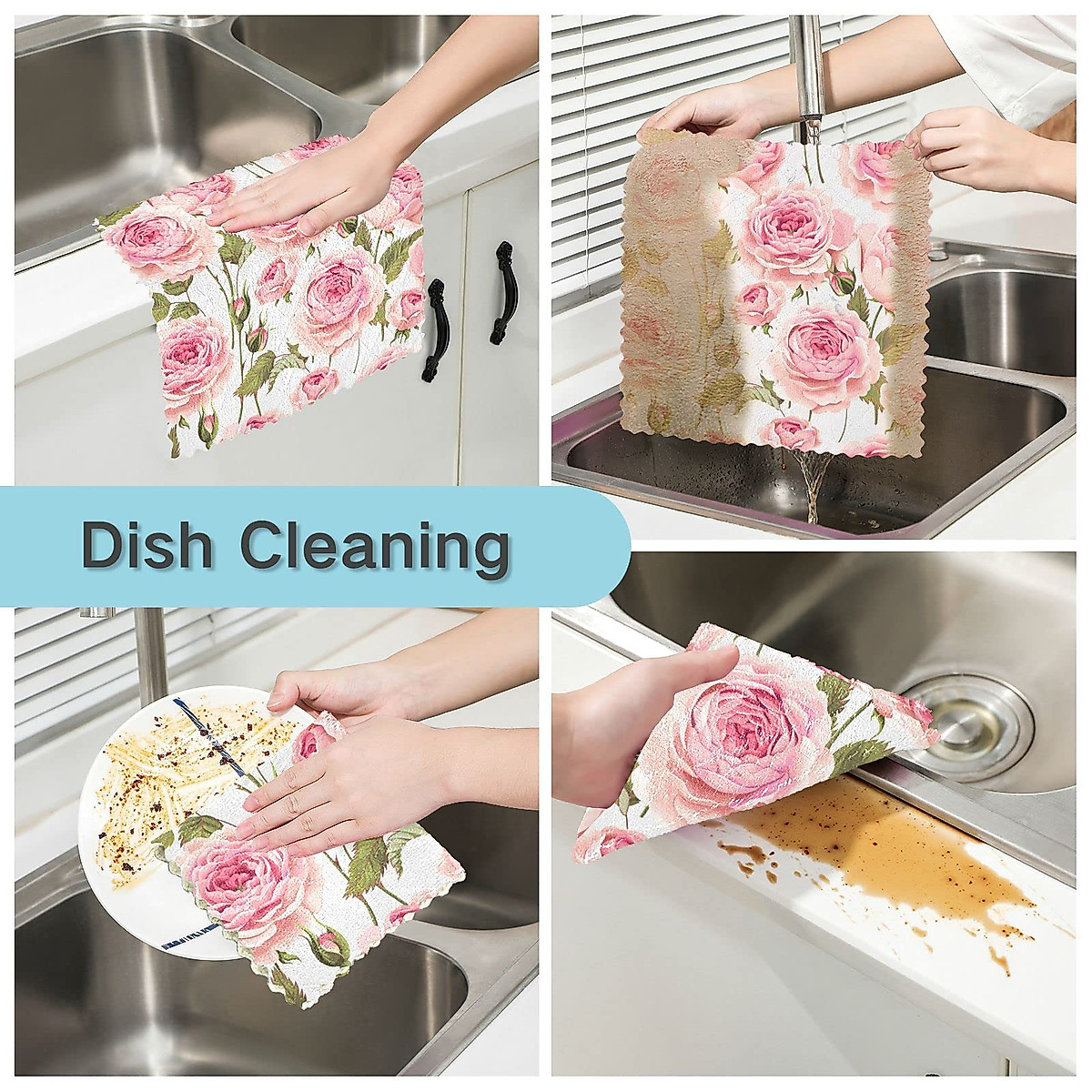 SUABO Pink Rose Flower Floral Kitchen Dishcloths, 6 Pack Dish Towels Quick Drying Tea Towels Absorbent Cleaning Towels Tableware Towel for Kitchen Bathroom