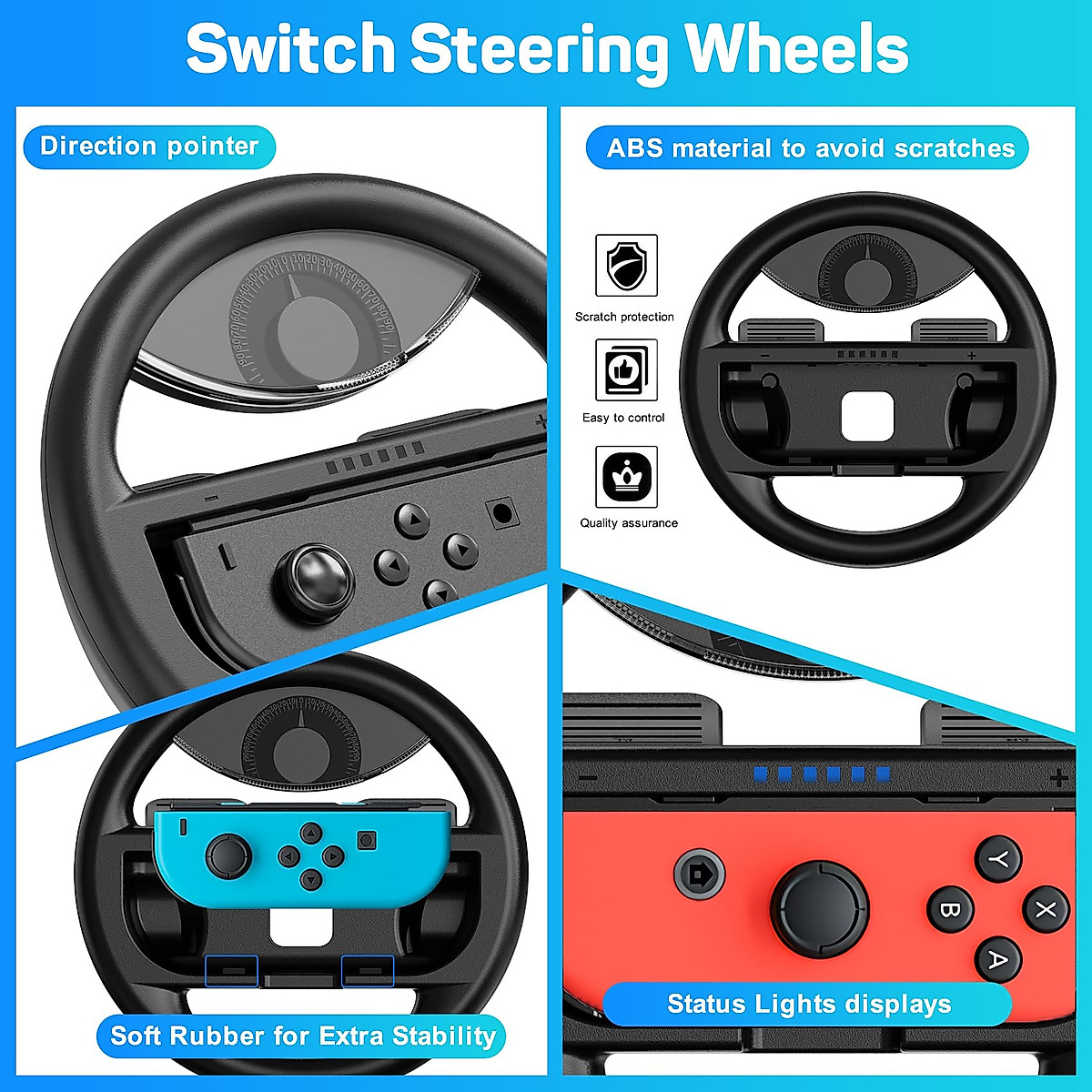 Grip for Switch Controller - 4 Pack Racing Steering Wheel Switch Controller Game Grip Handle Kit Fit for Switch Joycon Controllers (Black)