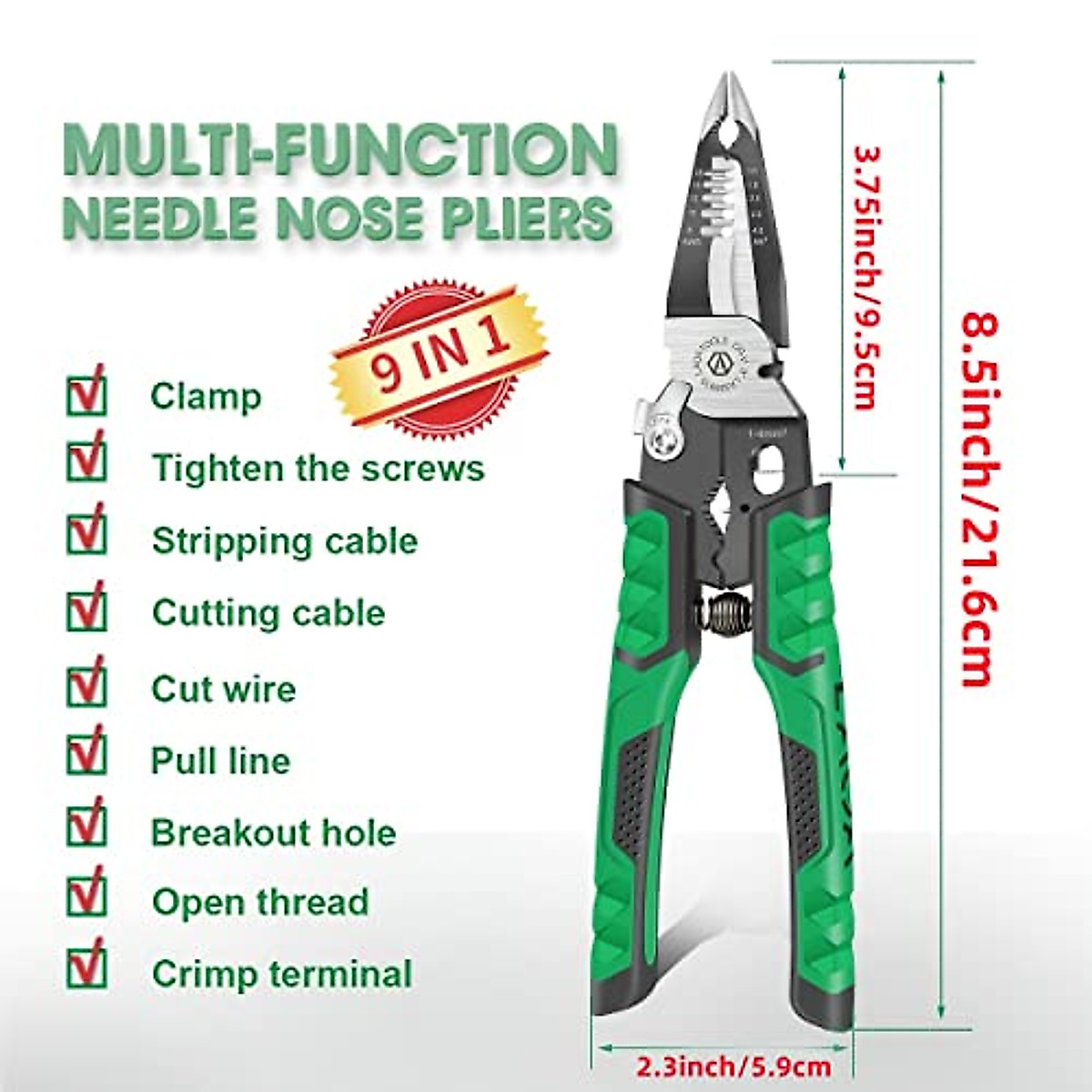 LAOA Needle Nose Pliers Electrician Pliers Wire Stripper Wire Stripper Tool,9-in-1 Multifunctional for Clamping,Tightening Screws,Stripping Wires,Cutting Cables,Iron Wires with 1pc Spring