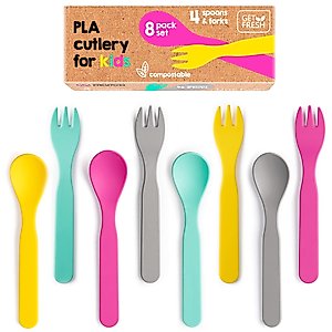 GET FRESH PLA Kids Spoons and Forks Set – 8-Pack Melamine Free Utensils for Kids & Toddlers – Biodegradable Childrens Cutlery Spoons and Forks – Reusable Microwave Safe PLA Kids Dinnerware